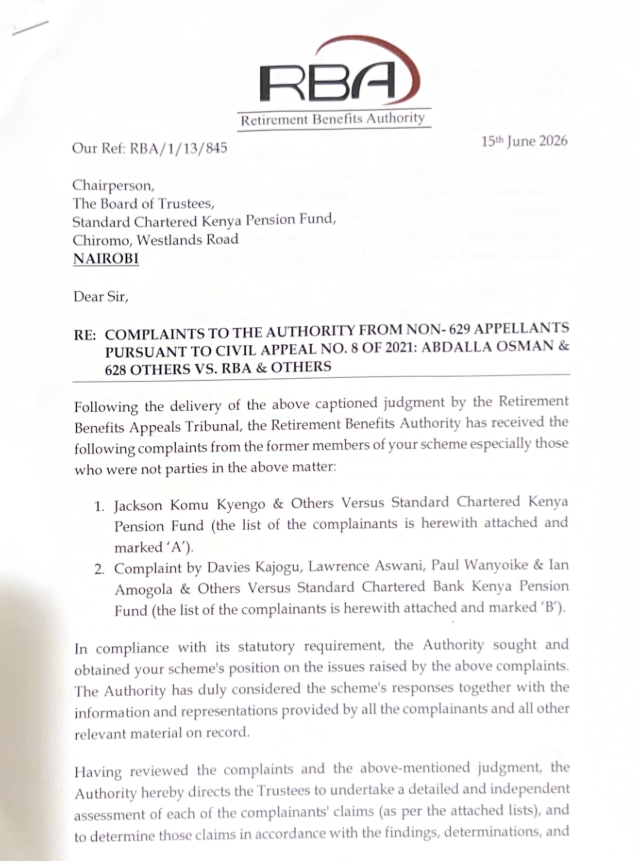 RBA Orders Review of New 629 Standard Chartered Kenya Pension Claims